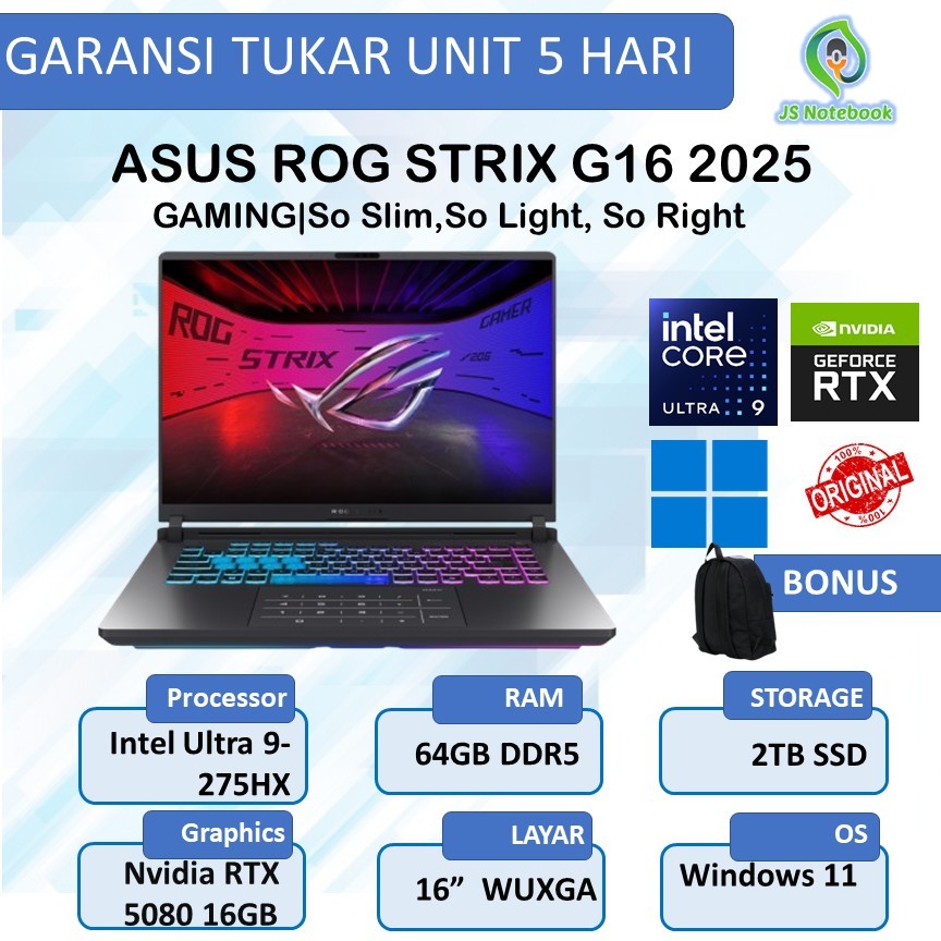 Jual ASUS ROG STRIX G16 G615LW ULTRA 9 275HX RTX5080 16GB/ 64GB 2TB W11 ...