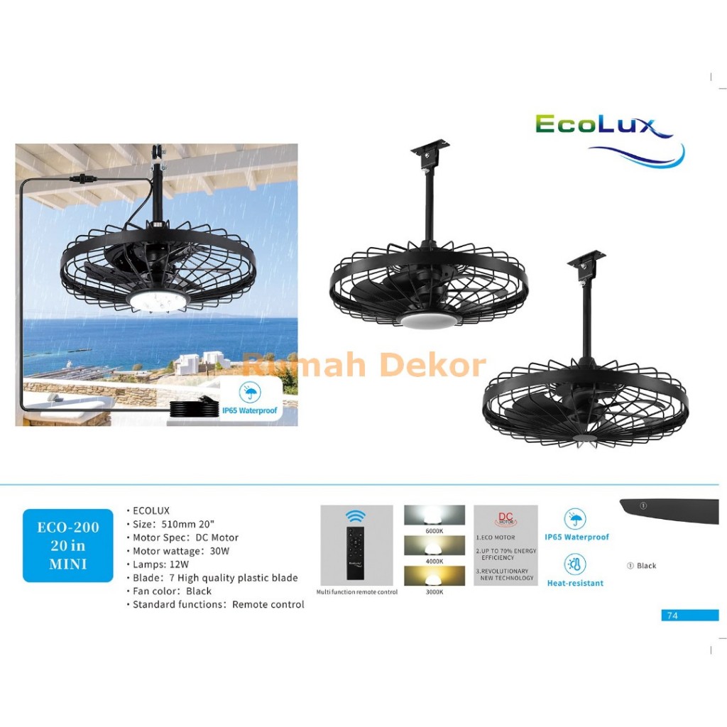 Jual Ecolux Mini Ceiling Fan 20 Inch IP65 Waterproof, DC Motor Low Watt ...