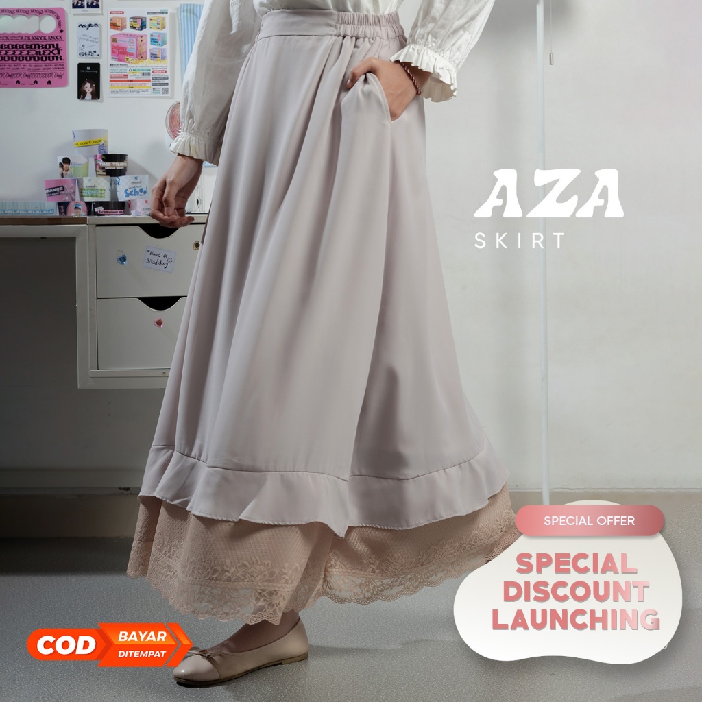 Jual JILBRAVE Aza Skirt Lace Rok Panjang Wanita Kekinian Flowy Feminine ...