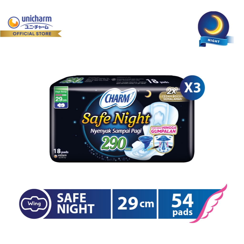 Jual Charm Pembalut Safe Night 29cm Wing 18 pads - 3 Packs | Shopee ...