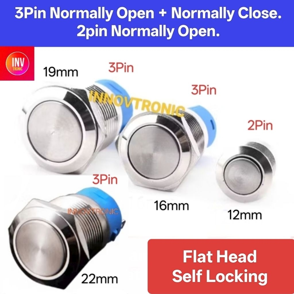 Jual Flat Head Push Lock 12mm 2Pin NO 16mm 19mm 22mm 3Pin NO NC Saklar ...