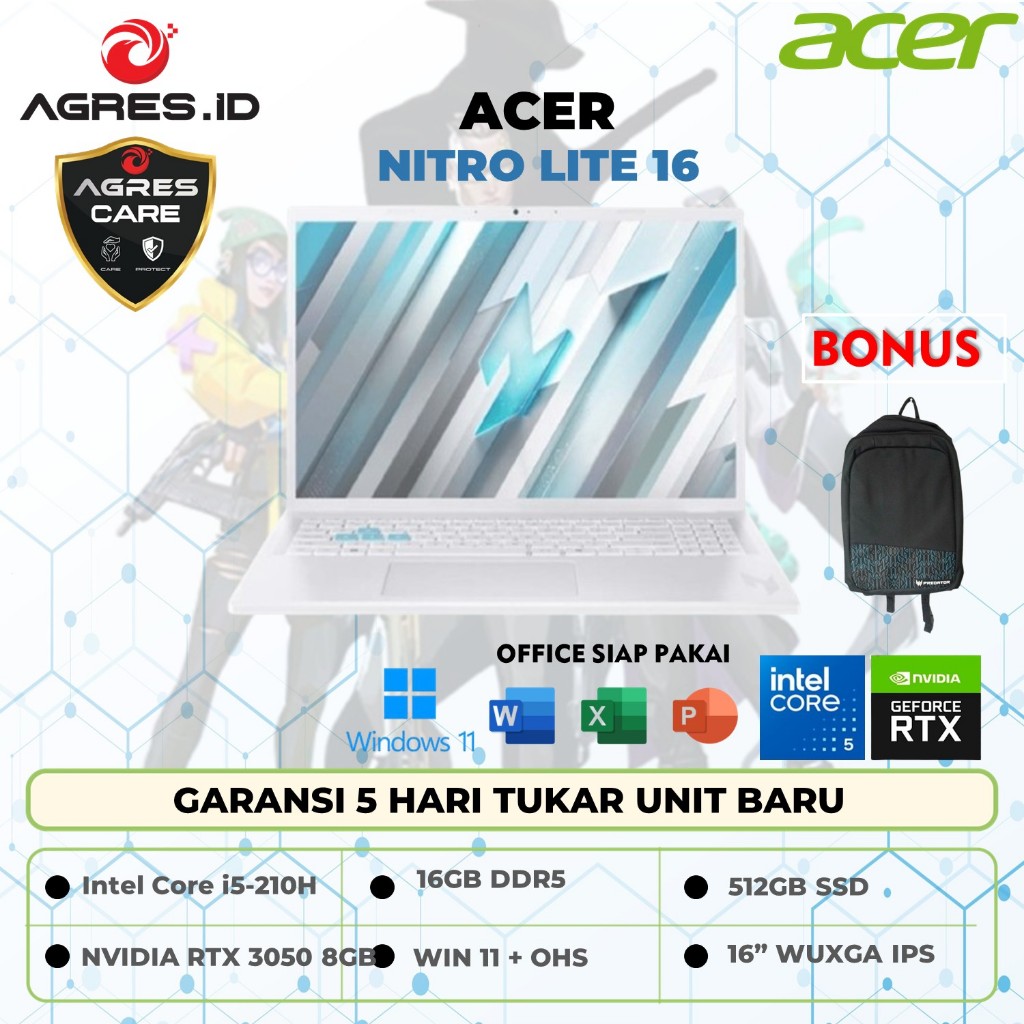 Jual Acer Nitro Lite 16 Intel Core I5 210H RTX3050 6GB/ 16GB 512GB Win ...