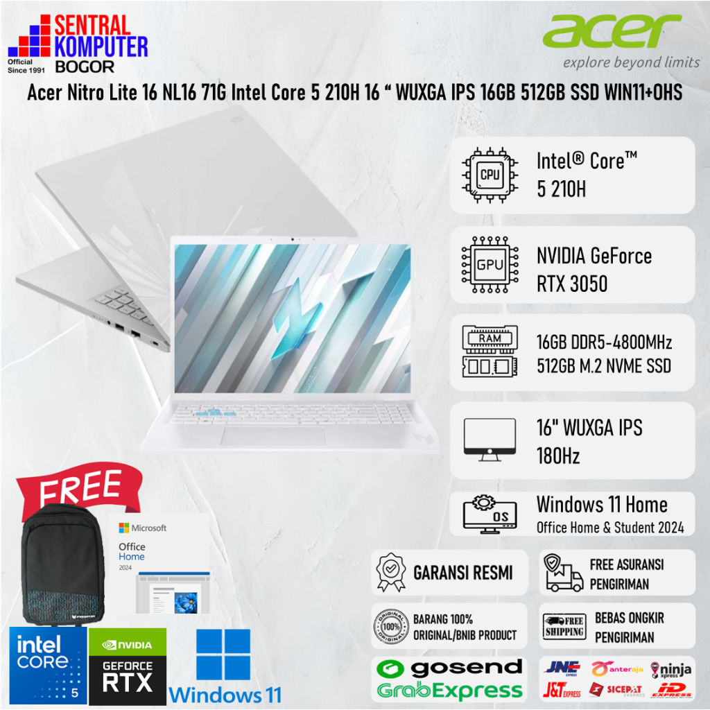 Jual Acer Nitro Lite 16 NL16 71G Intel Core 5 210H 16 Inch WUXGA IPS ...
