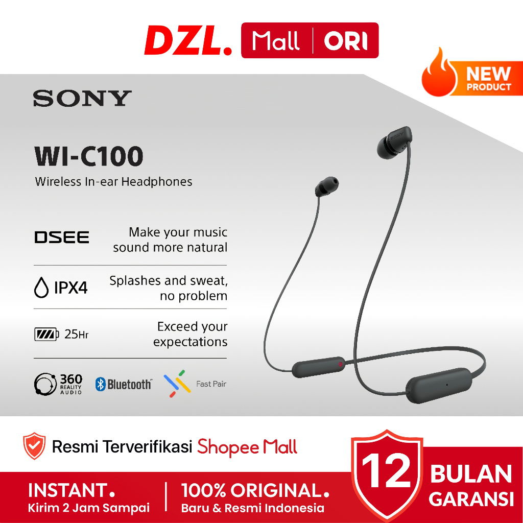 Jual DZL - SONY WI-C100 Neckband Earphone Bluetooth In Ear Wireless Mic ...