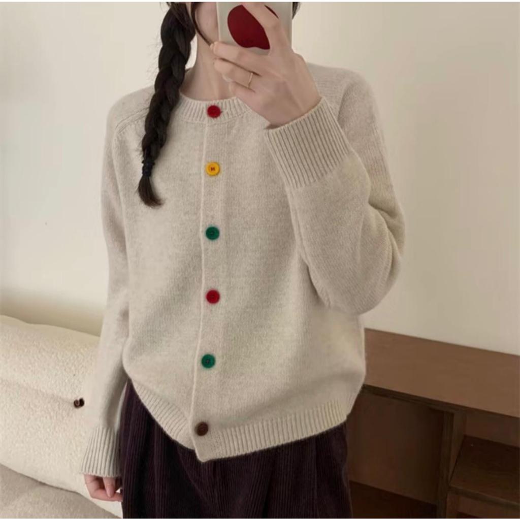 Jual Cardigan Rajut Leher Bulat Kancing Warna-warni Knit Gaya Korea ...