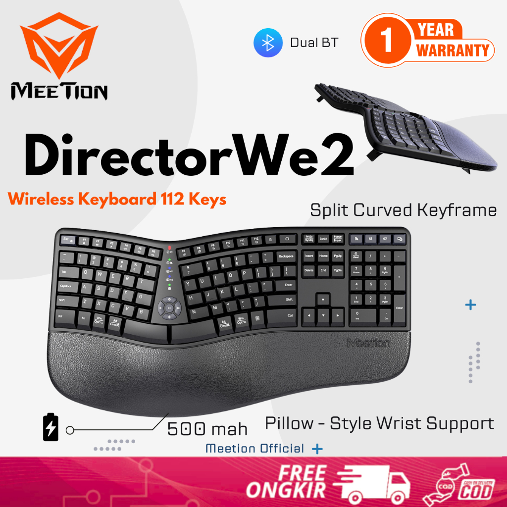 Jual Meetion DirectorWe2 Wireless Ergonomic Keyboard Dual Mode 2.4G ...