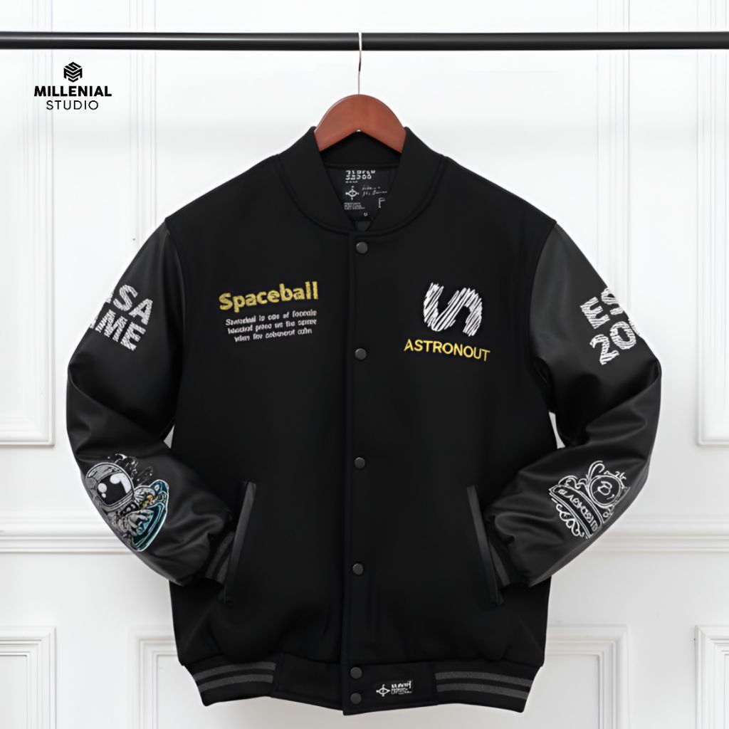 Jual VARSITY JACKET SPACEBALL ASTRONOUT HITAM | JAKET BASEBALL LEATHER ...