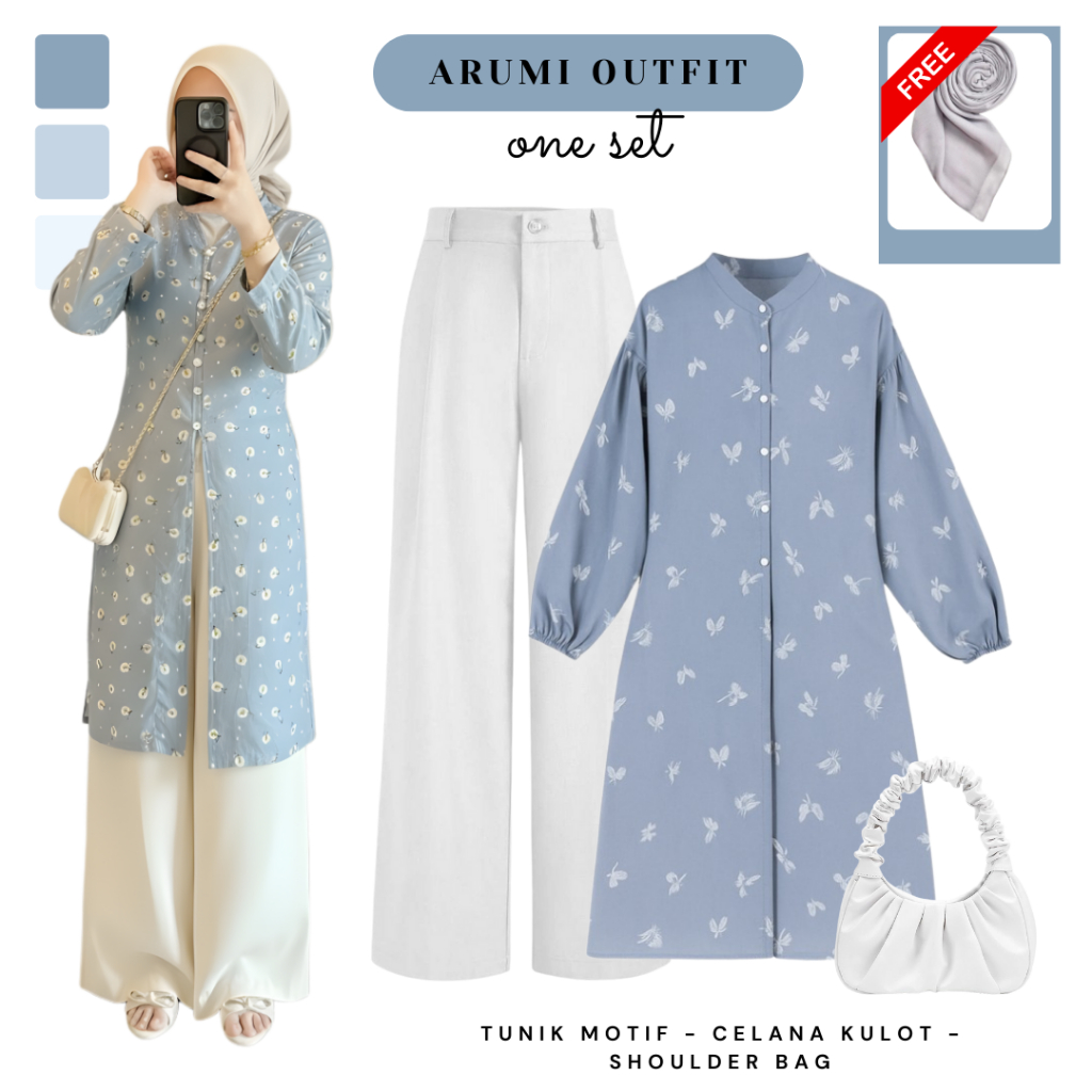 Jual Setelan Lebaran Wanita (Tunik Motif Biru, Celana Kulot, Tas Putih ...