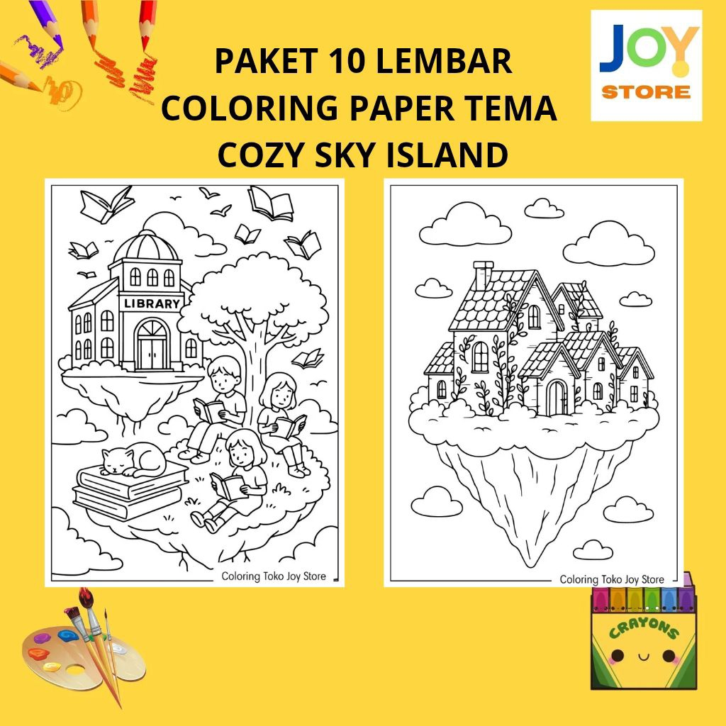 Jual PAKET 10 Lembar Kertas Gambar Mewarnai Tema Cozy Sky Island Cute ...