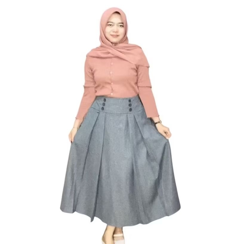 Jual Rok rempel kancing lebar semi woll premium rok panjang skrit ...