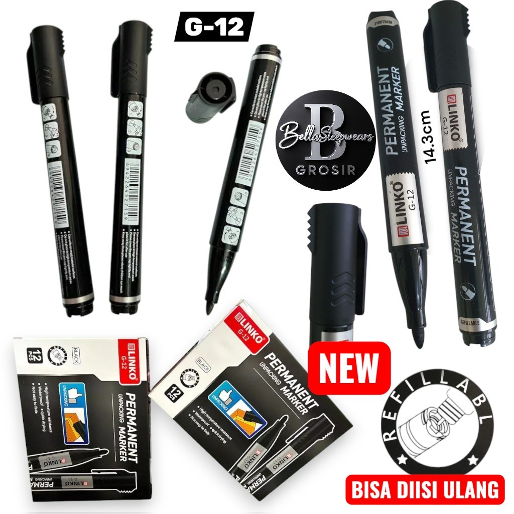 Jual BELLA | 12PC/BOX | SPIDOL BESAR PERMANENT TINTA HITAM LINKO G-12 ...