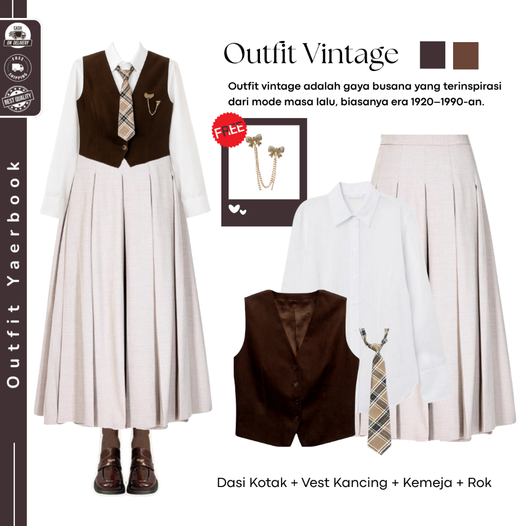 Jual One Set Outfit Yearbook Vintage Viral (Vest Kancing+ Kemeja + Rok ...
