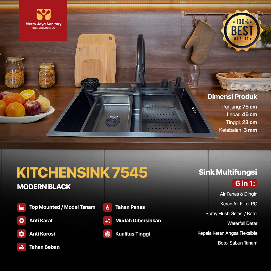Jual Modern Kitchen Sink Stainless Steel 7545 Black Paket Komplit Kran ...