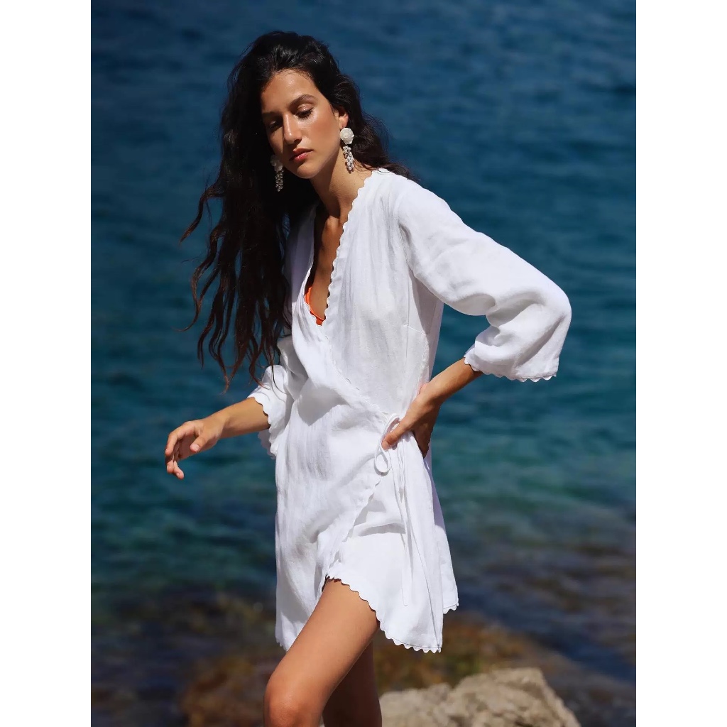 Jual Senja Outer Dress lengan panjang long sleeves white putih v-neck ...