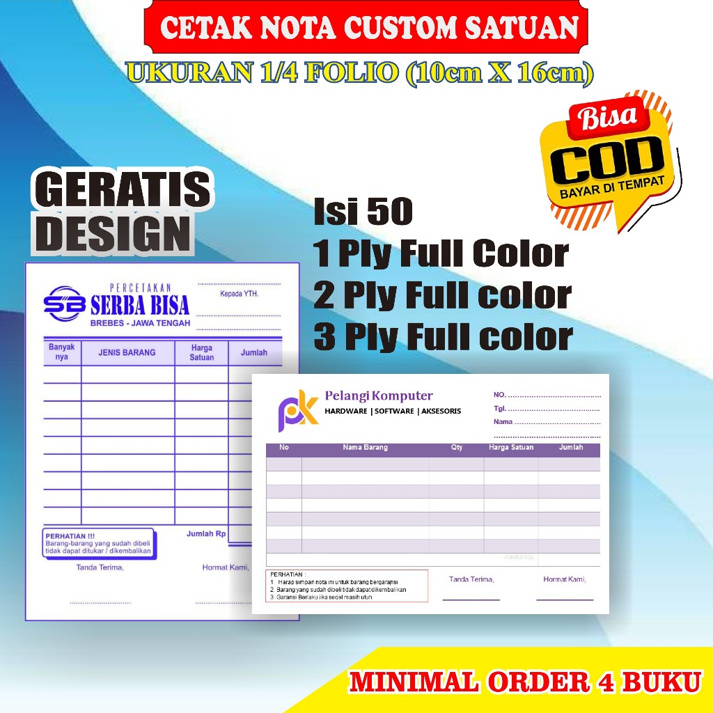 Jual NOTA CUSTOM 1 PLY FULL COLOR NAMA SENDIRI UKURAN 1/4 FOLIO ANTI ...