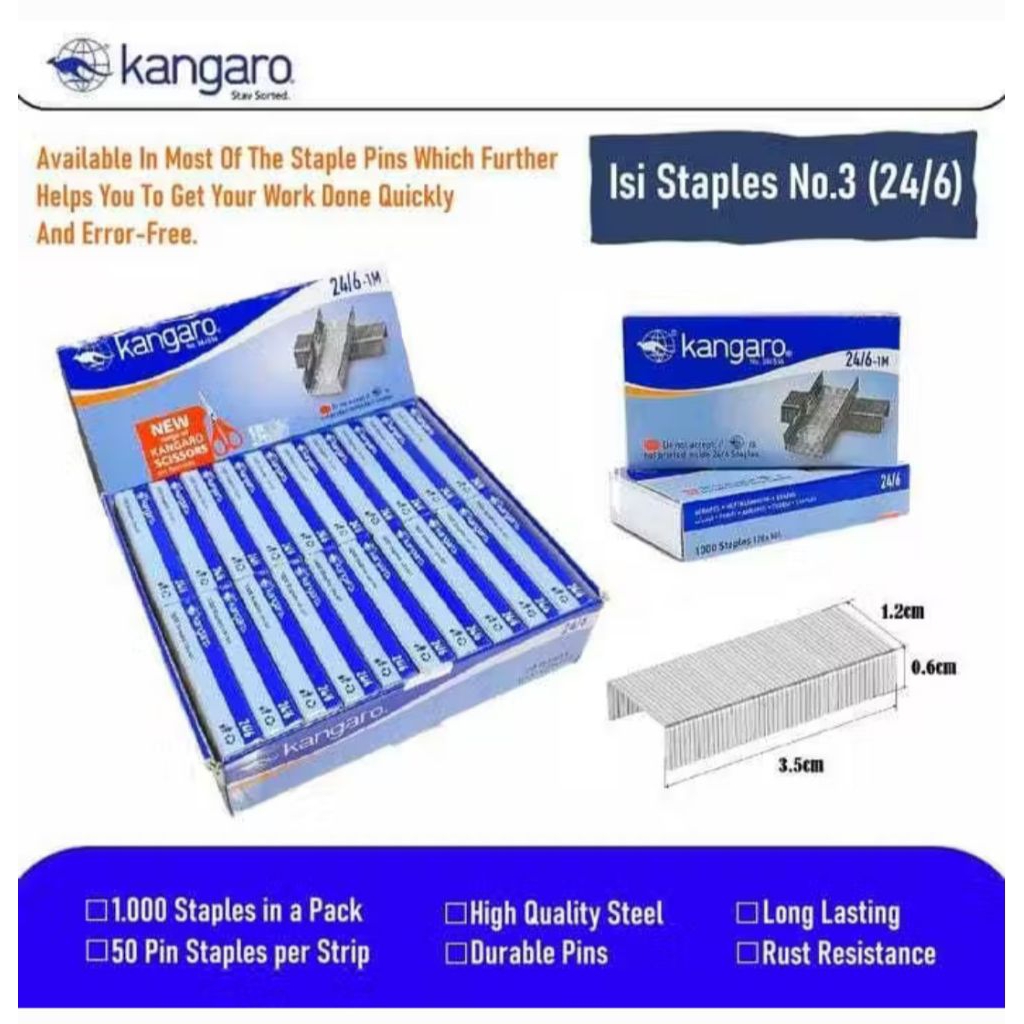 Jual ANAK HEKTER / ISI STAPLES BESAR KANGARO NO.3 24/6-1M (1 BOX KECIL ...