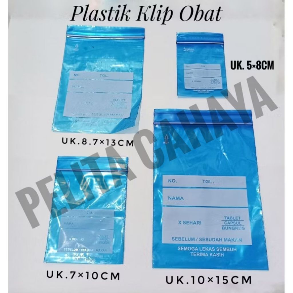 Jual Plastik Klip Obat Apotek ukuran 8×5/10×7/13×8.7/15×10cm Warna Biru ...