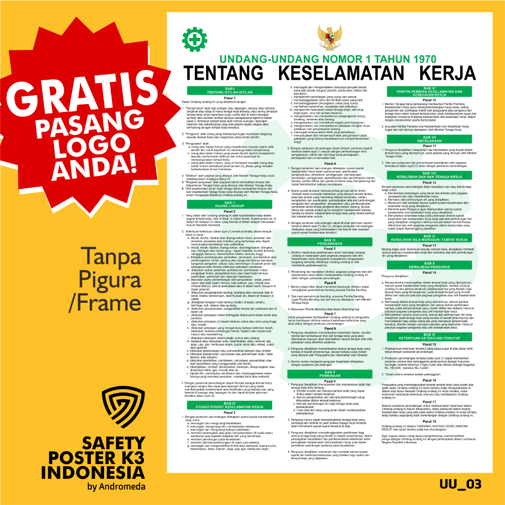 Jual Safety Poster K3 UU No 1 Tahun 1970 Tentang Keselamatan Kerja ...