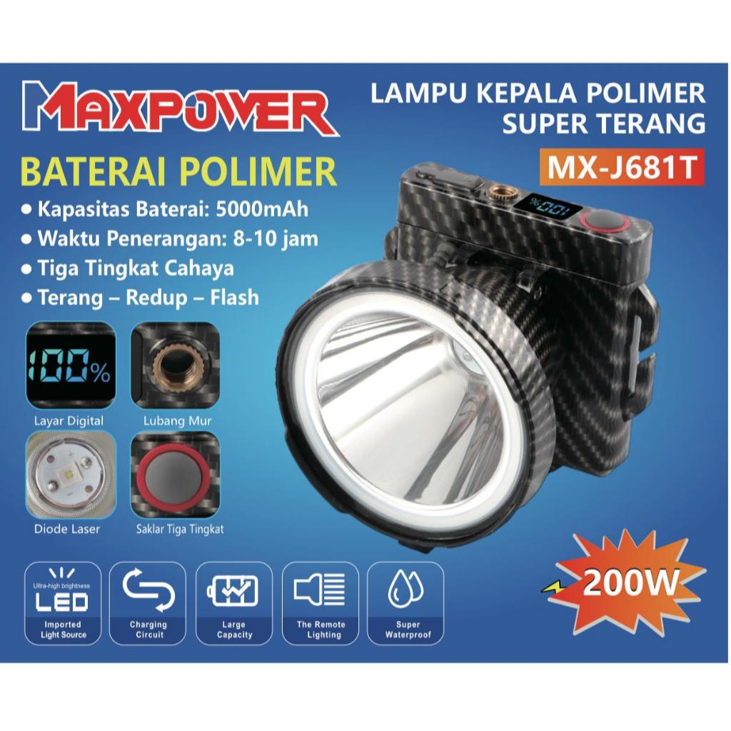 Jual Maxpower Senter Kepala 200Watt cahaya putih super terang Baterai Polimer 5000mAh tahan ...