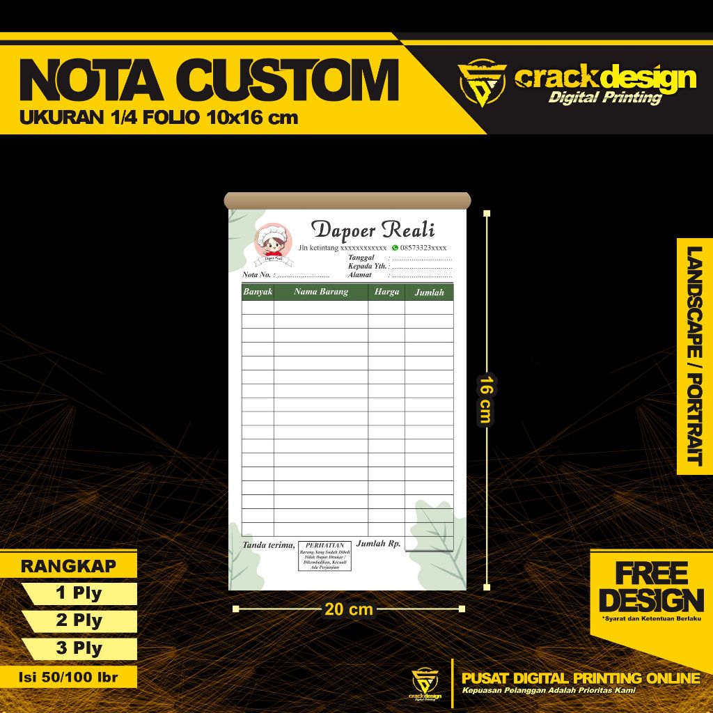 Jual CETAK NOTA CUSTOM UKURAN 1/4 FOLIO ISI 50 DAN 100 LEMBAR GROSIR ...