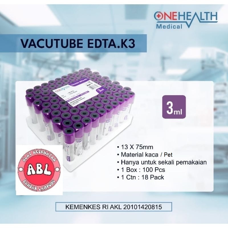 Jual Onehealth Tabung Darah EDTA 3ML Vacum Tube isi 100ml, ED 2029 ...
