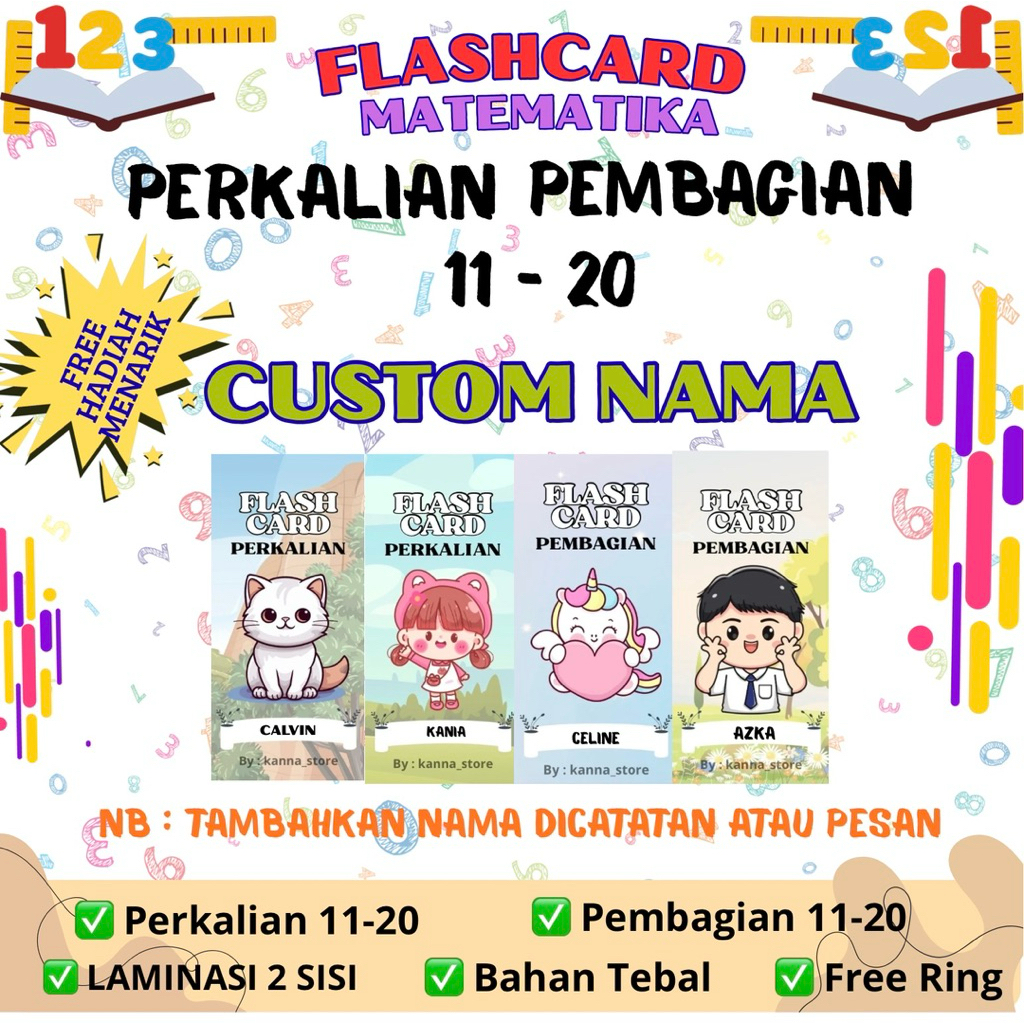 Jual [TERMURAH] FLASHCARD PERKALIAN 11-20 CUSTOM NAMA- FLASHCARD ...
