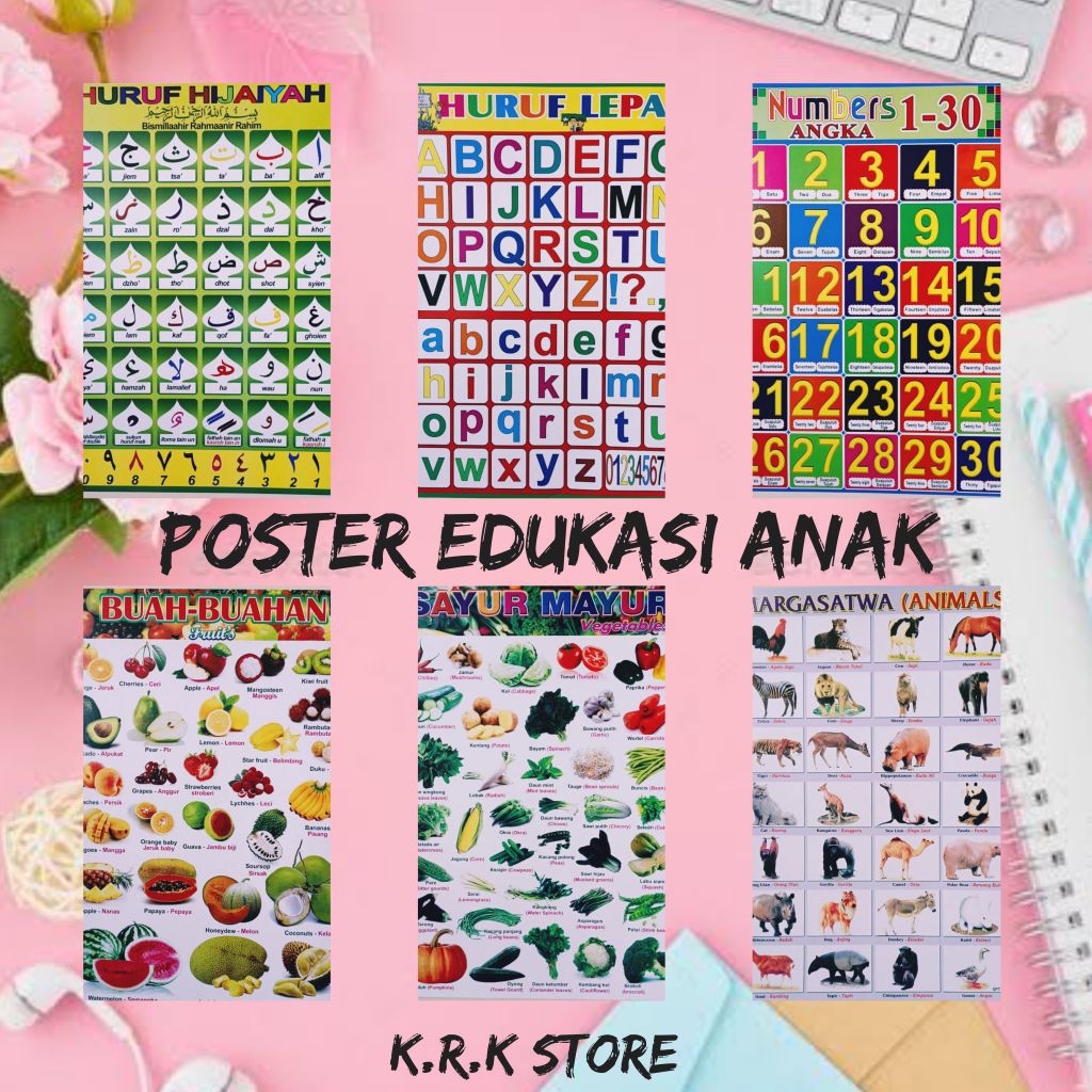 Jual Poster edukasi anak paket 5 sampai 9 lembar belajar abcd, angka ...