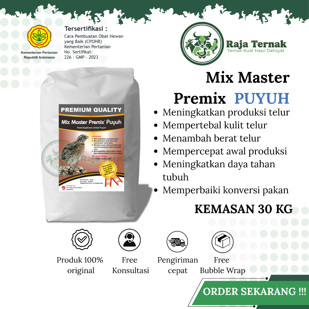 Jual MIX MASTER PREMIX PUYUH 30 KG - Suplemen Pakan Untuk Puyuh 30 KG ...