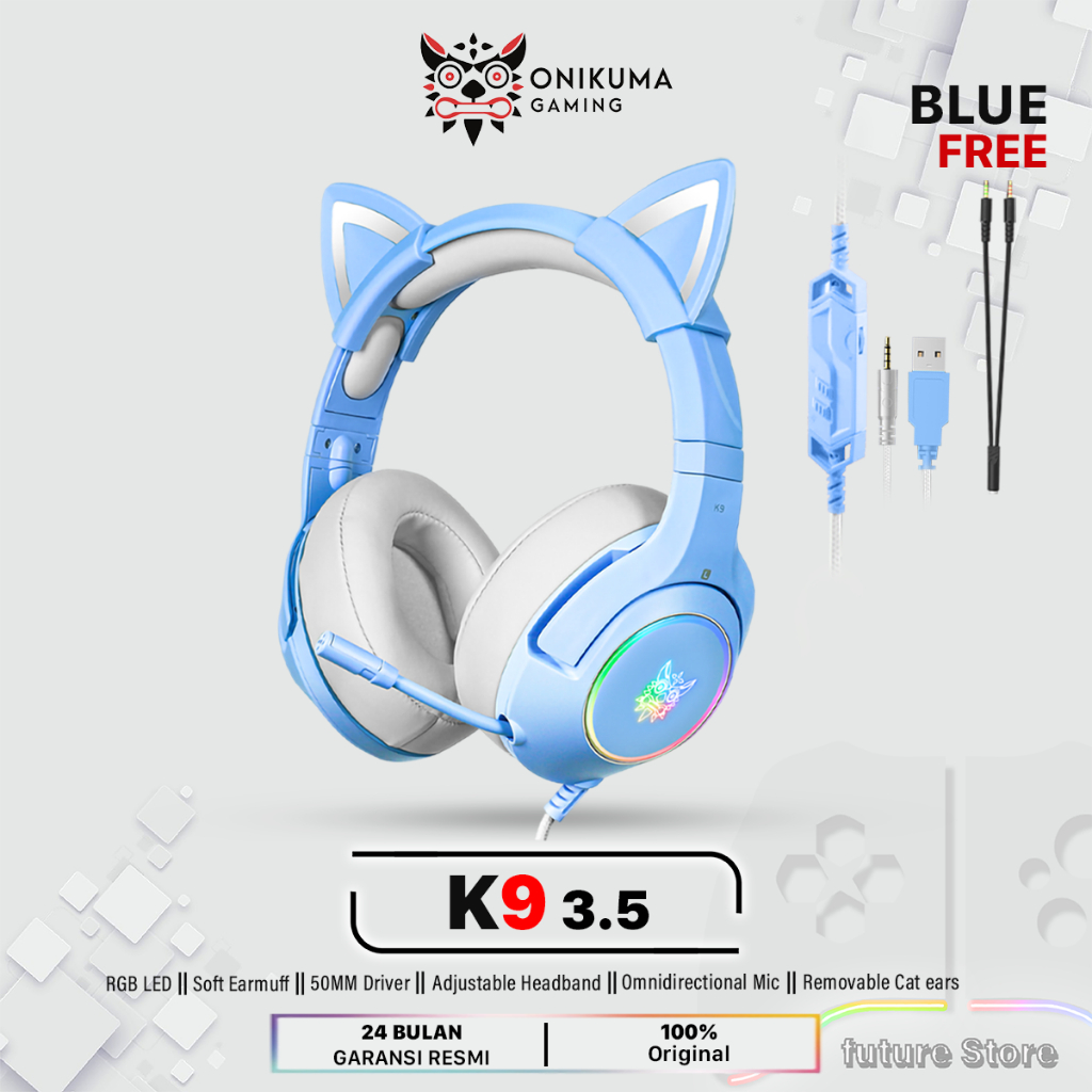 Jual Headset Gaming Onikuma K9 3.5mm Cat Ear RGB BLUE– Mic Jernih, 50mm ...