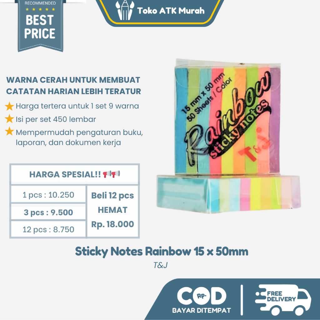 Jual T&J Sticky Notes Rainbow 9 Colors 15x50 mm - 50 Lembar per Warna ...