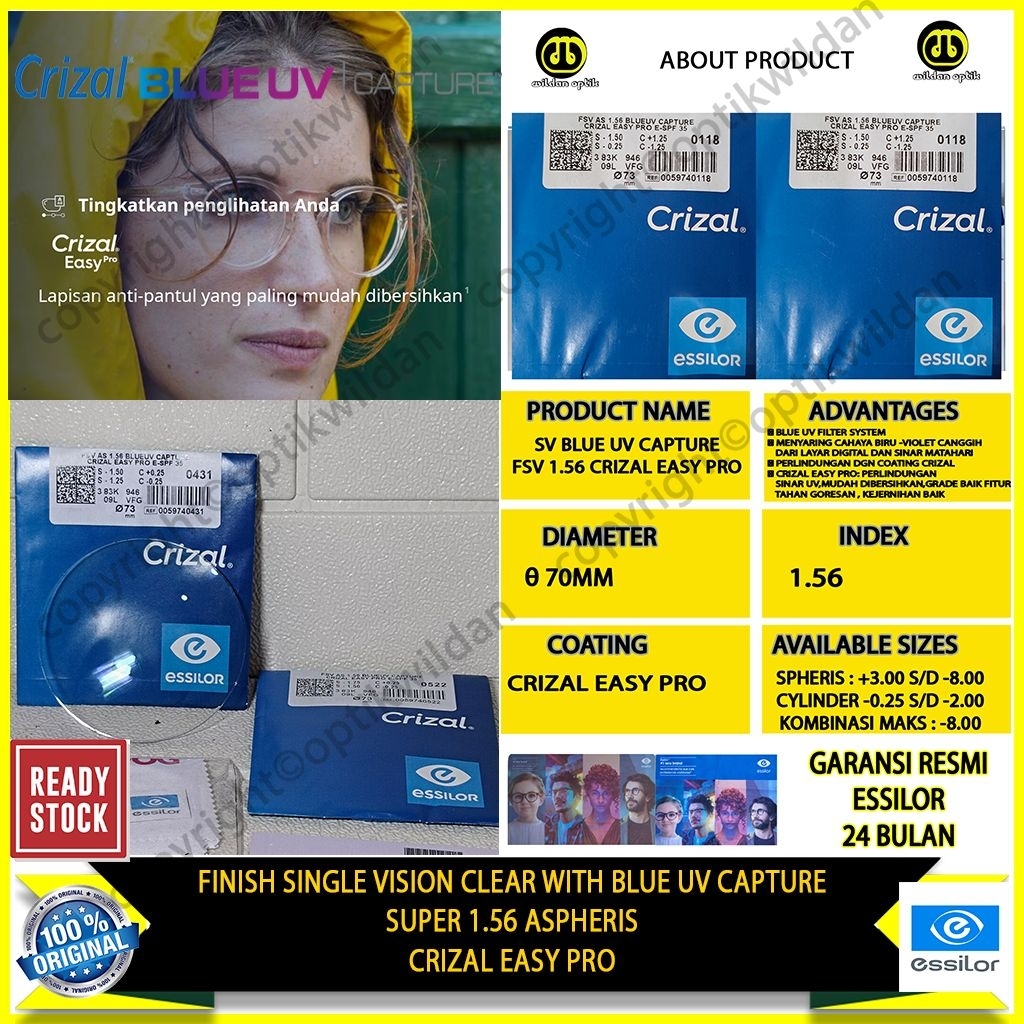 Jual ESSILOR CRIZAL EASY PRO FSV 1.56 SUPER ASPHERIS CLEAR WITH BLUE UV ...