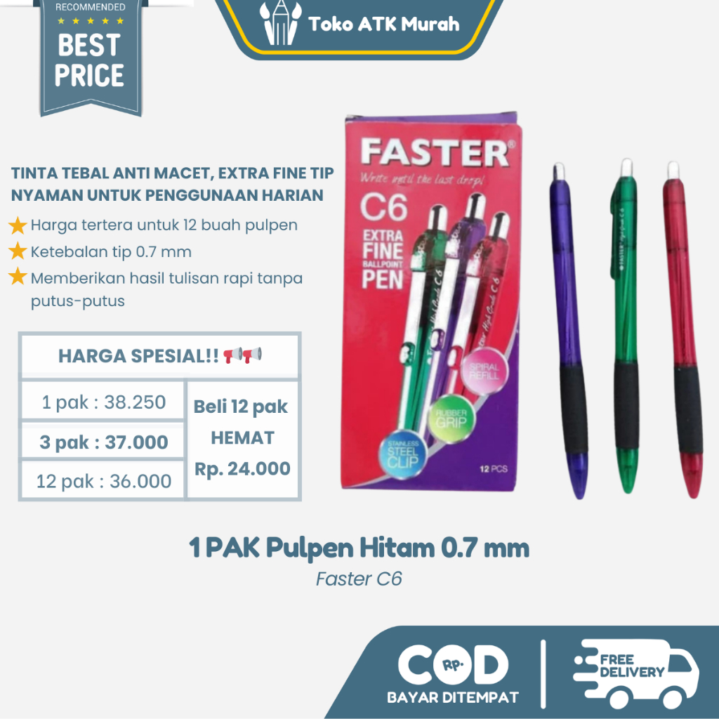 Jual 1 Pak Pulpen Ballpoint Faster C6 Extra Fine Tip dengan Rubber Grip ...
