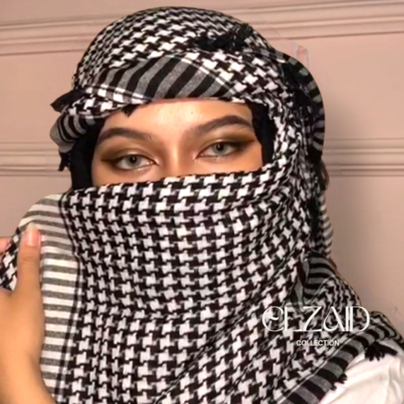 Jual Sorban Hitam Putih Keffiyeh Rumbai Ronce Segi Empat - Sorban Haji ...