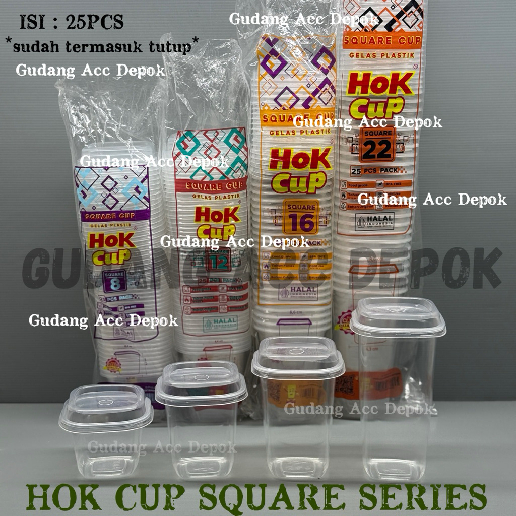 Jual (ISI 25PCS) HOK CUP GELAS SQUARE + TUTUP SERIES 8OZ 12OZ 16OZ 22OZ ...