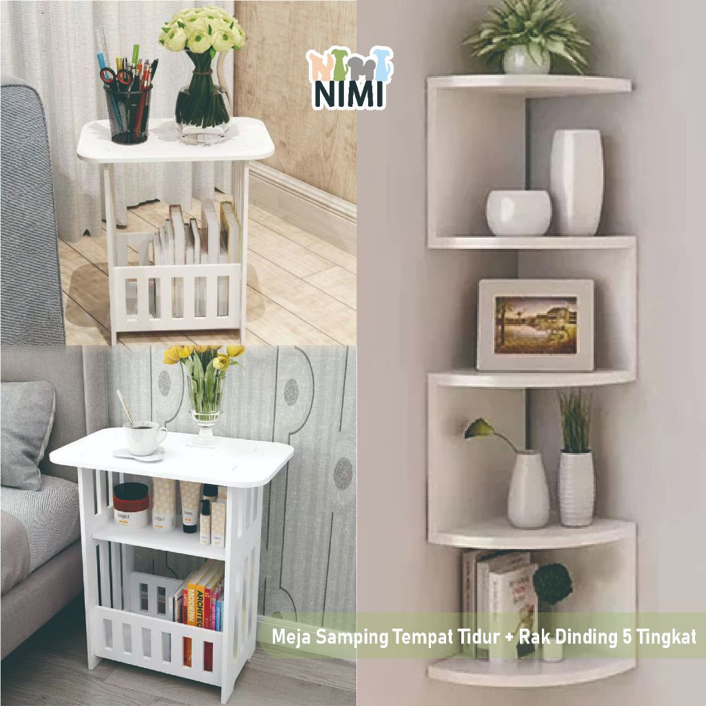 Jual NIMI Meja samping tempat tidur + rak dinding 5 tingkat Meja Kaca ...