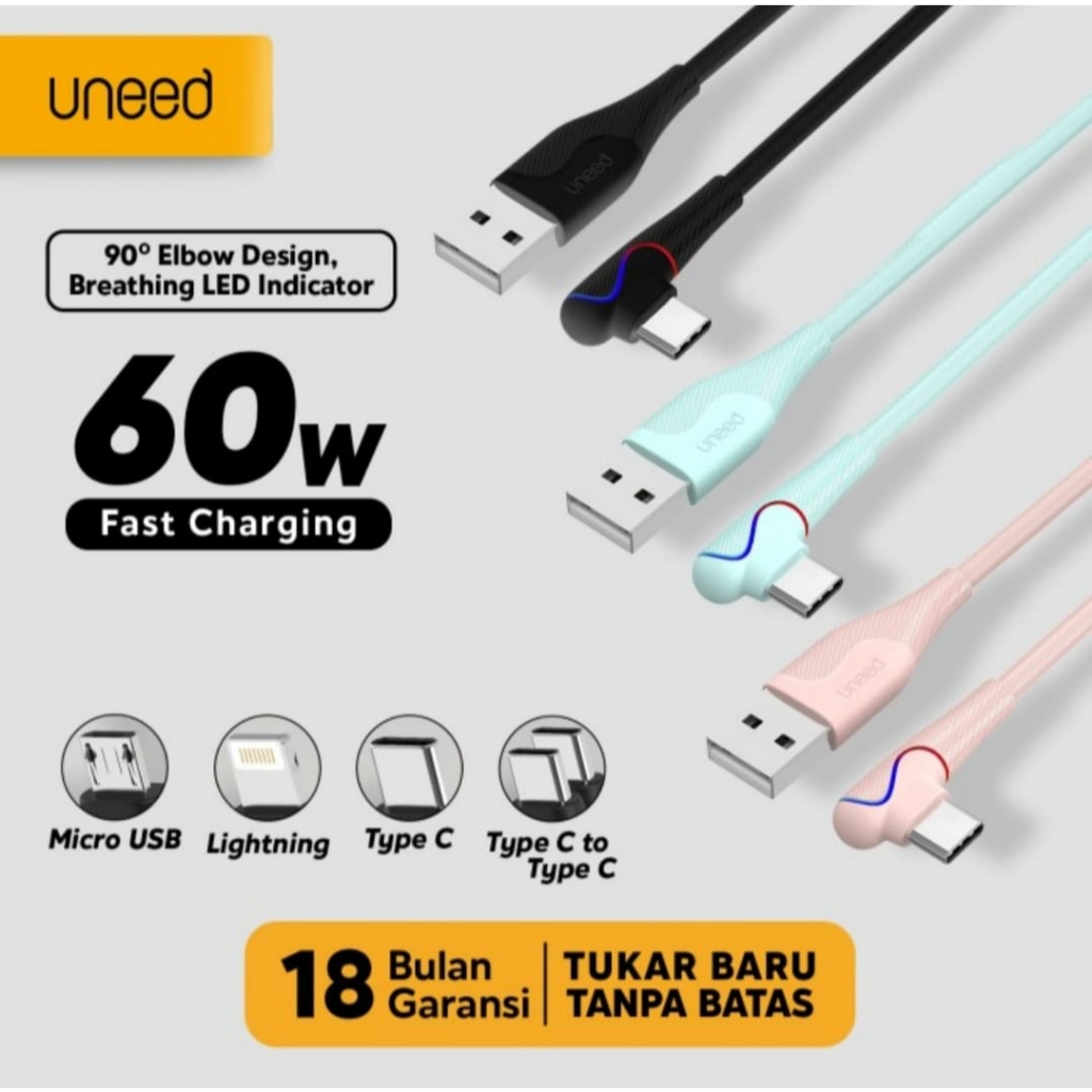 Jual UNEED Kabel Gaming LED RGB 60W Fast Charging 90 Degree Elbow ...