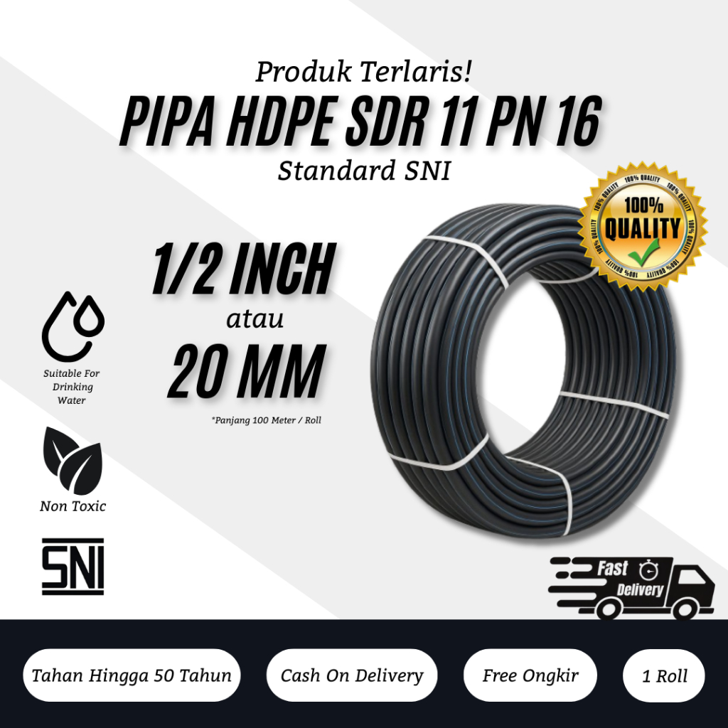 Jual Pipa HDPE Standard SNI SDR 11 PN 16 Bar Ukuran 20 mm atau 1/2 inch ...