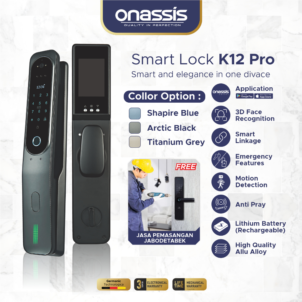 Jual ONASSIS SMART LOCK K12 PRO WITH 3D FACE ID | | KUNCI PINTU PINTAR ...