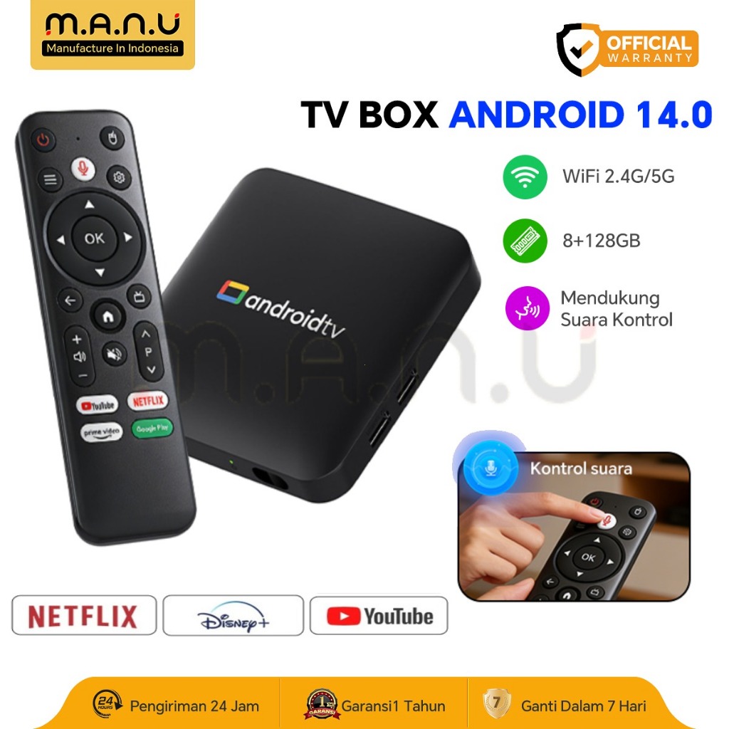 Jual MANU TV Box Android 14.0 Dengan Remote Kontrol Suara 4K Ultra HD ...