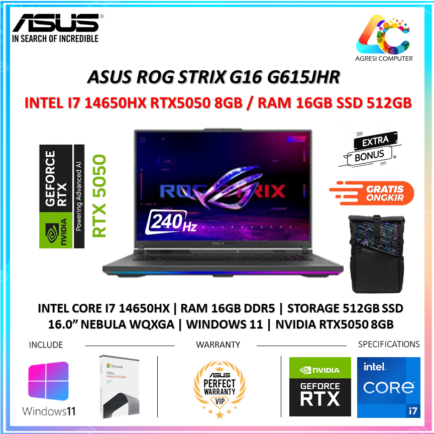 Jual Asus ROG STRIX G16 G615JHR i7-14650HX RTX5050 8GB/ 16GB 512GB W11 ...