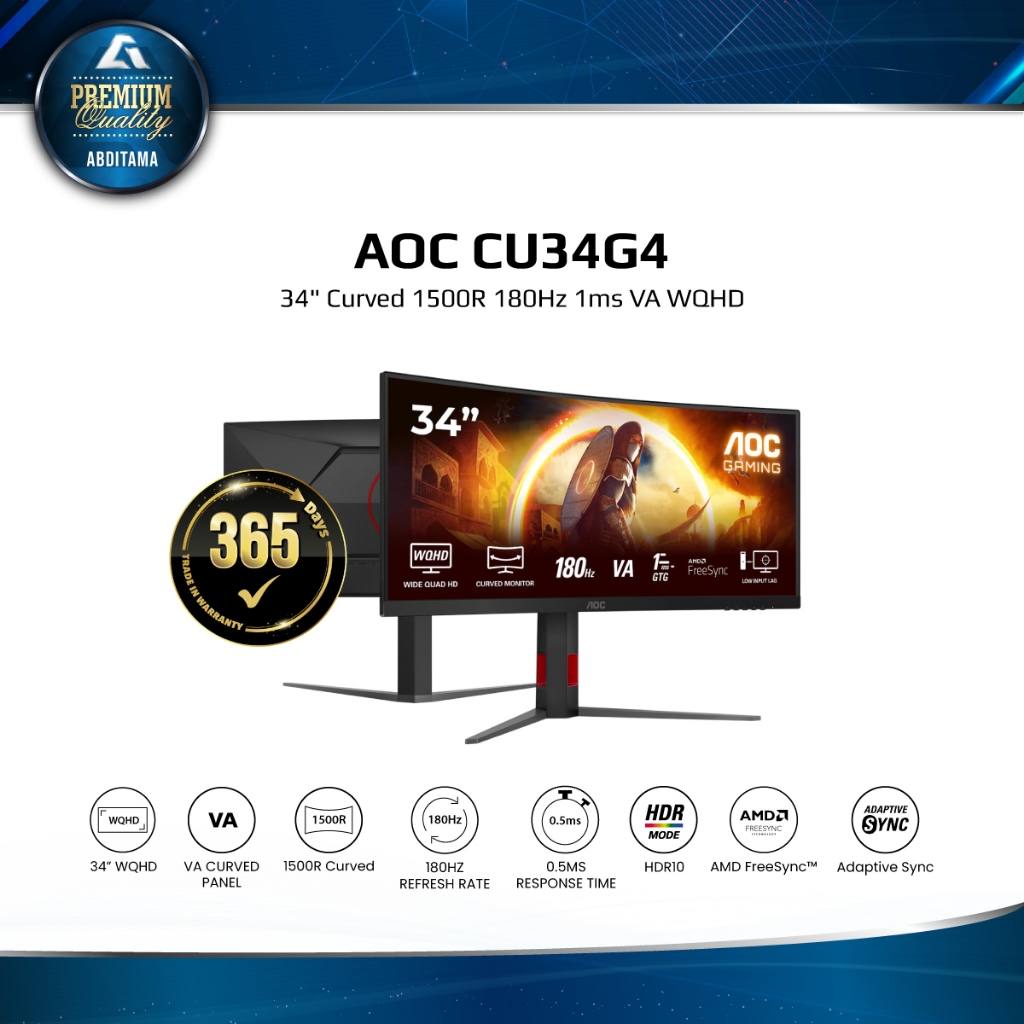 Jual Monitor LED AOC CU34G4 34" 3440x1440 Curved 1500R 180Hz 1ms VA ...