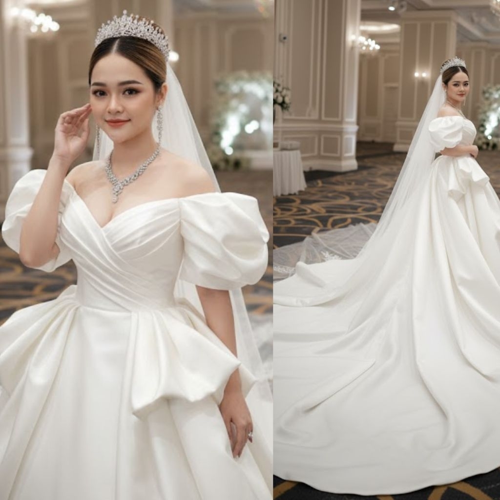 Jual GAUN PENGANTIN MODERN BRIDAL EKOR SABRINA LENGAN PUFF | Shopee ...