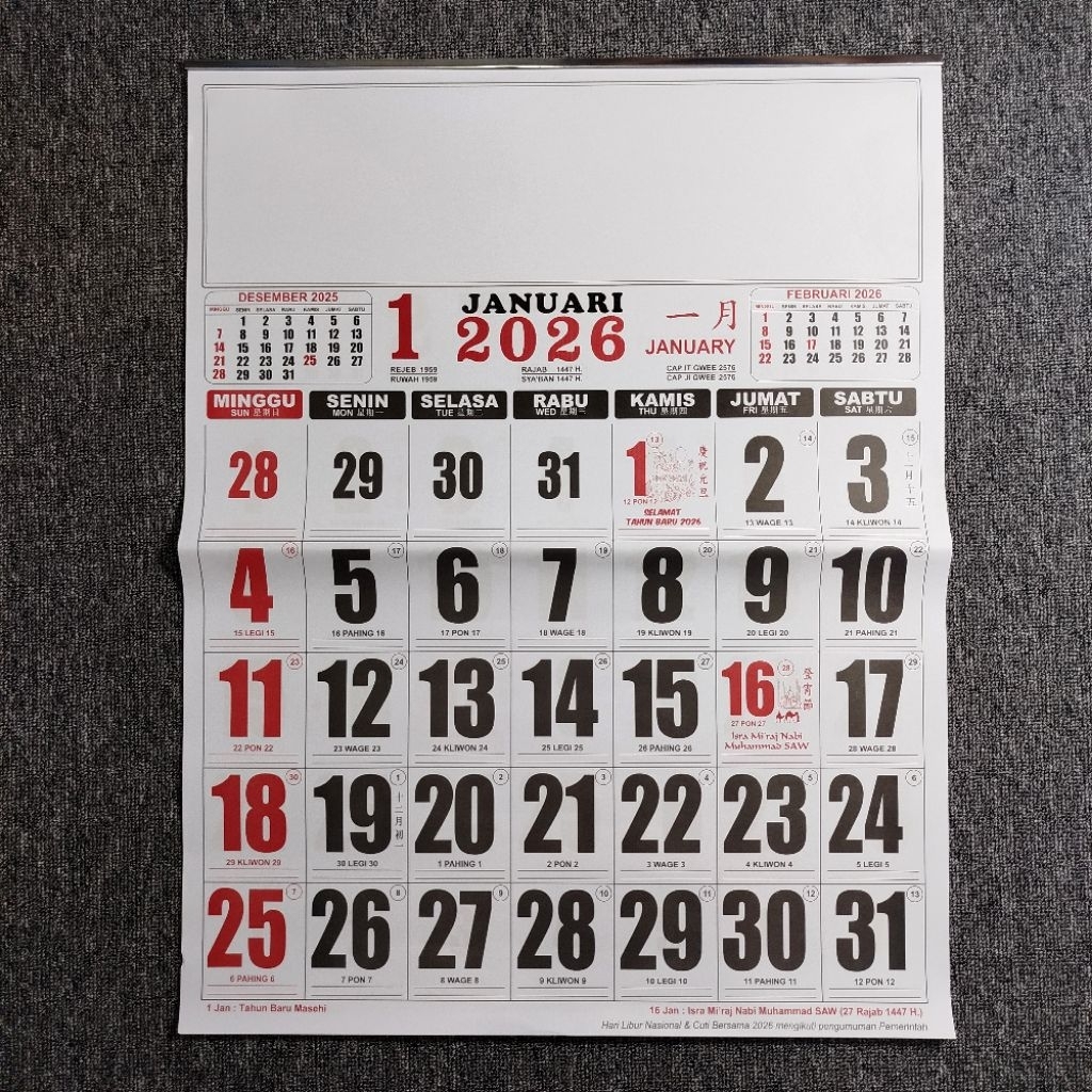 Jual Kalender Kerja Jumbo Angka Besar 2026 Ada Tanggalan Cina 80gr ...