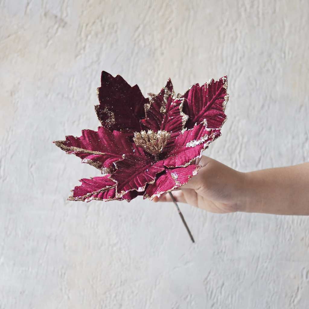 Jual Bunga Artificial Kastuba Poinsettia Velvet Maroon with Gold ...