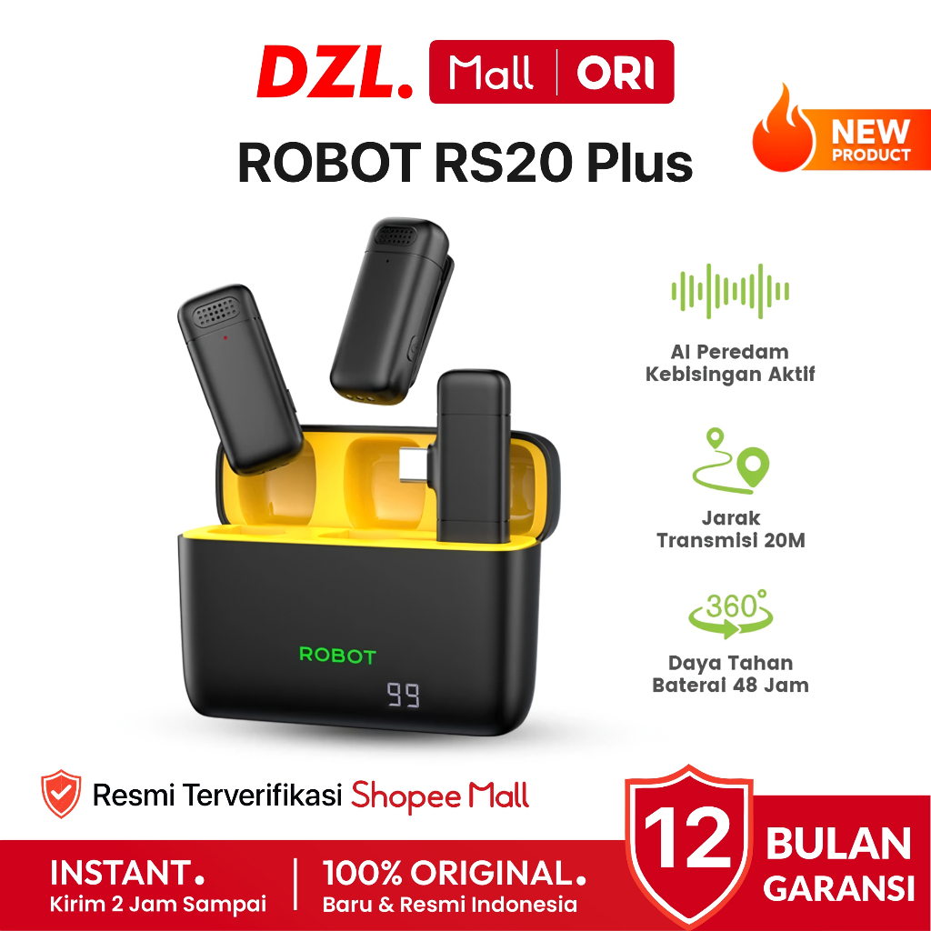 Jual DZL - ROBOT RS20 Plus Microphone Clip on 2 Mic Wireless Bluetooth ...
