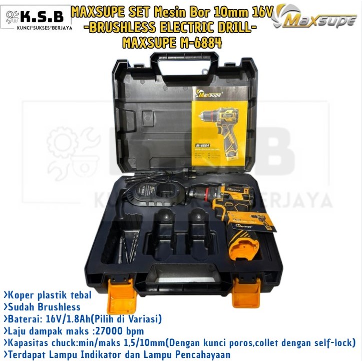 Jual MAXSUPE M-6884 SET Mesin Bor Baterai 10mm -BRUSHLESS ELECTRIC ...