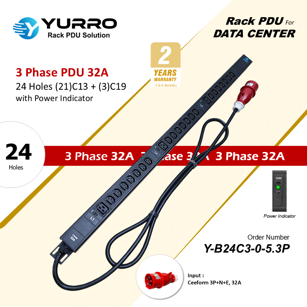 Jual UNITECH TO YURRO 3 Phase 32A, 24 Holes PDU Mix C13 + C19 with ...