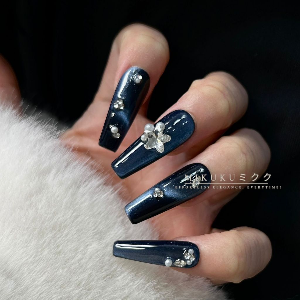 Jual MKK850 - Blue Cat Eye Navy 3D Crystal Star & Pearl Press On Nails ...