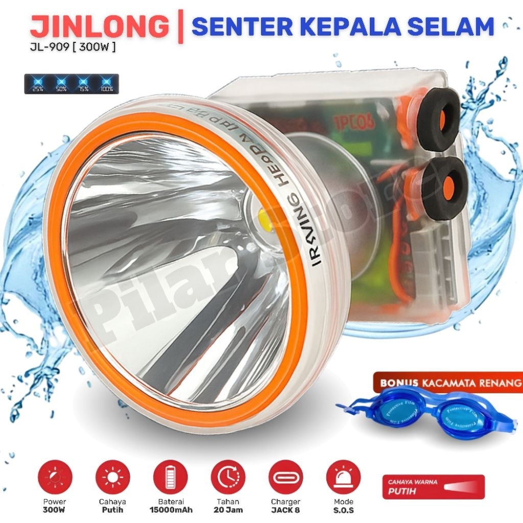 Jual Senter Kepala Selam 300 Watt / 15.000mAh JINLONG JL-909 Senter ...