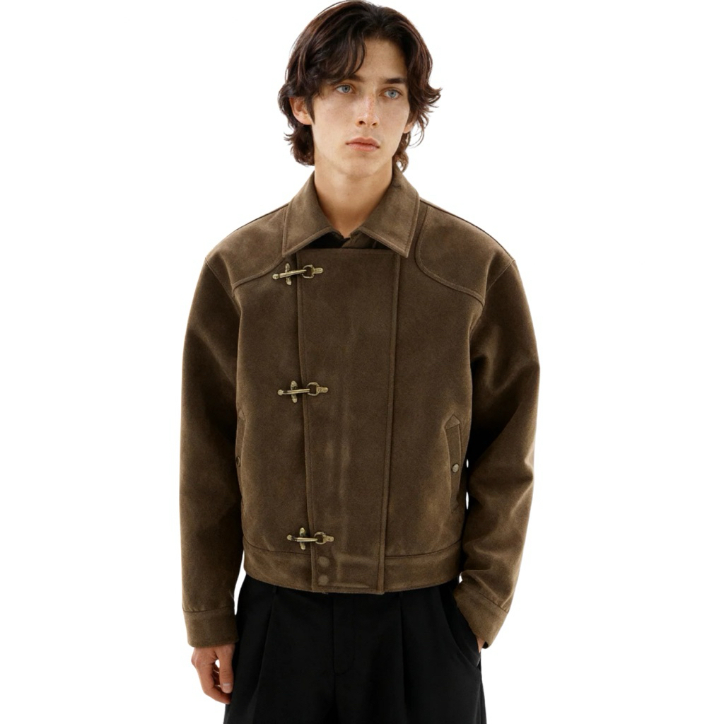 Jual Sai - Symmetric Fireman Buckle Mid Crop Suede Jacket Fireman ...